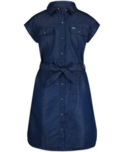 calvin klein girls' short sleeve denim shirt dress, dark chambray, 7