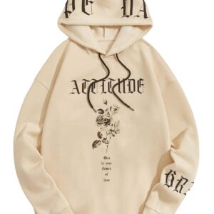 WDIRARA Men's Letter Floral Print Drawstring Long Sleeve Hoodie Casual Sweatshirt Beige L