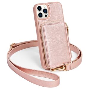 zve for iphone 14 pro max wallet case crossbody, card holder zipper phone case for women, purse cover with rfid blocking wrist strap for iphone 14 pro max, 6.7 inch, 2022- rose gold