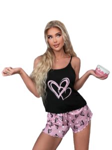 wdirara women's 2 piece contrast binding heart print cami top and shorts satin pj set multicolored s