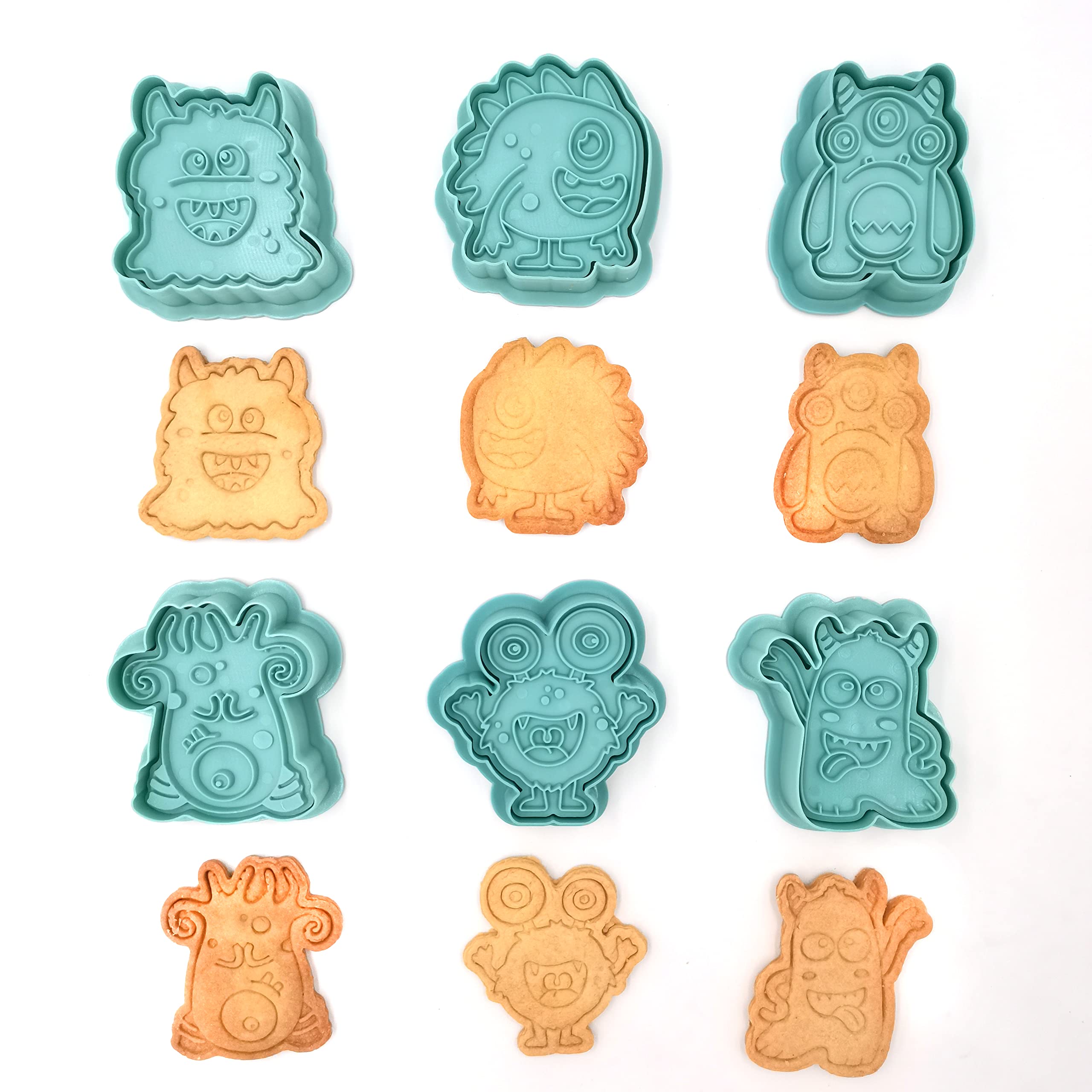 Gobaker 3D Cute Monster Cookie Cutters, Planet Outer Space Fondant Stamper Set, Biscuit Cake Baking Mold for Party Supplies,6pcs