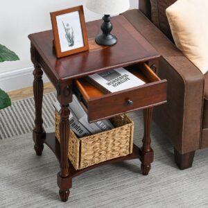 moderion solid wood side table with drawer and storage shelf, traditional end table, narrow telephone nightstand, carvings elegant vintage, for living room, bedroom, office cherry walnut gbj1533wd