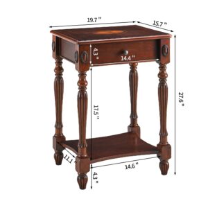 MODERION Solid Wood Side Table with Drawer and Storage Shelf, Traditional End Table, Narrow Telephone Nightstand, Carvings Elegant Vintage, for Living Room, Bedroom, Office Cherry Walnut GBJ1533WD