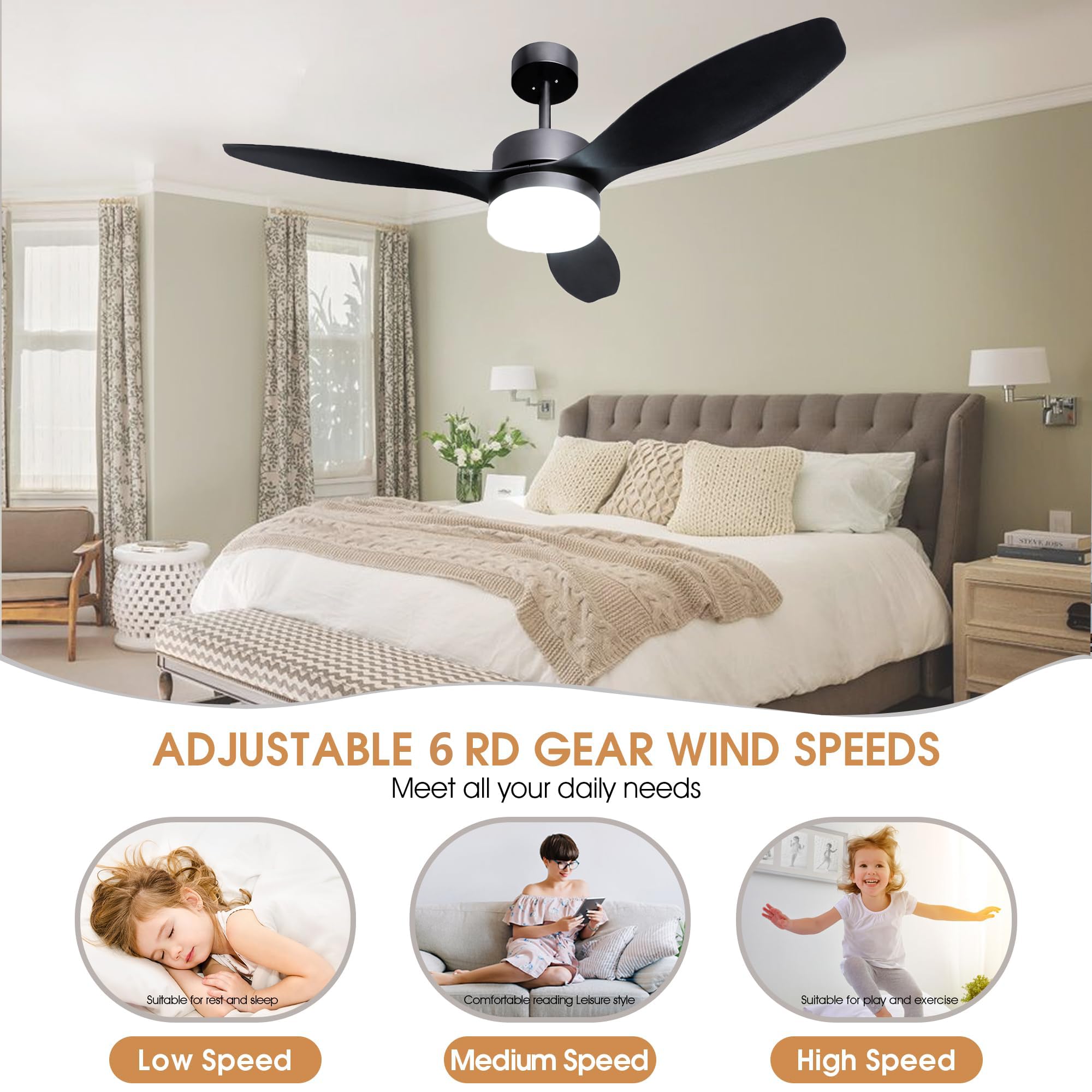 Ohniyou 52'' Ceiling Fan with Lights Remote Control,Outdoor Ceiling Fans for Patio with Light,Black Ceiling Fan Light for Bedroom Kitchen Nursery Conference