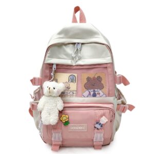 kowvowz kawaii backpack with pins cute aesthetic plush pendant for girl back to school bag (pink)