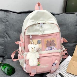 KOWVOWZ Kawaii Backpack with Pins Cute Aesthetic Plush Pendant for Girl Back to School Bag (Pink)