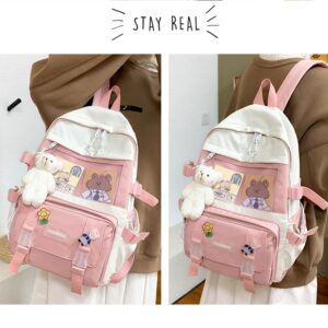 KOWVOWZ Kawaii Backpack with Pins Cute Aesthetic Plush Pendant for Girl Back to School Bag (Pink)