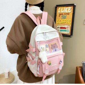 KOWVOWZ Kawaii Backpack with Pins Cute Aesthetic Plush Pendant for Girl Back to School Bag (Pink)