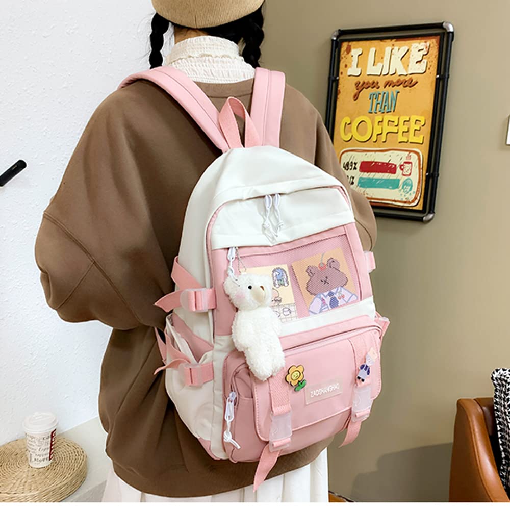 KOWVOWZ Kawaii Backpack with Pins Cute Aesthetic Plush Pendant for Girl Back to School Bag (Pink)