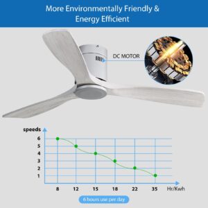 CACI Mall 52 Inch Low Profile Ceiling Fan No light DC 3 Carved Wood Fan Blade Flush Mount Ceiling Fan Without Light, Noiseless Reversible Motor Remote Control Silver