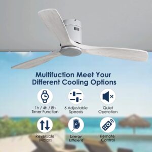 CACI Mall 52 Inch Low Profile Ceiling Fan No light DC 3 Carved Wood Fan Blade Flush Mount Ceiling Fan Without Light, Noiseless Reversible Motor Remote Control Silver