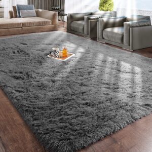 rugtuder grey soft area rug for bedroom,8x10,big fluffy furry shaggy fuzzy rug,shag carpet for living room ,baby room, girls boys room,dorm nursery room rug for kids ,non-slip rug