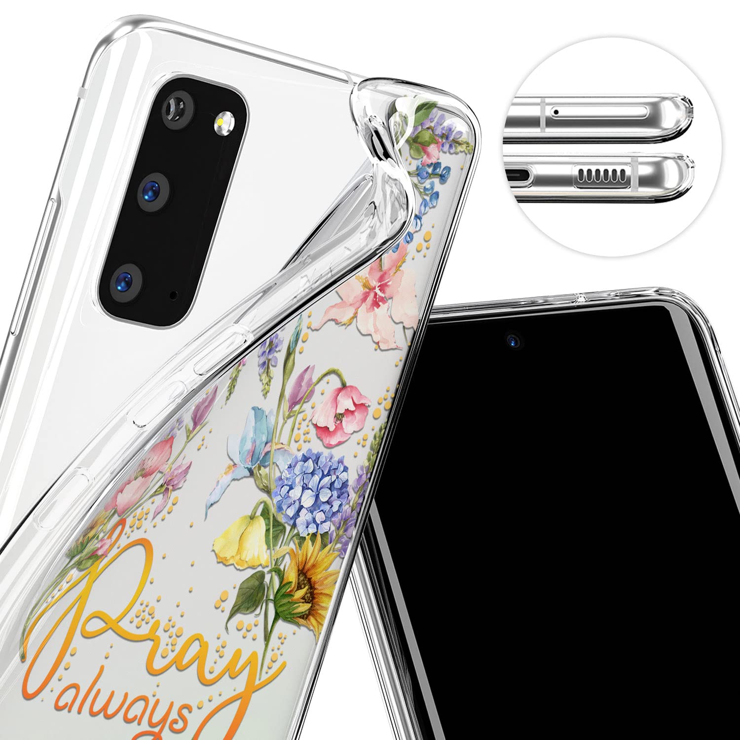 Cavka Phone Case Compatible with Samsung Galaxy A73 A72 5G A71 A54 A52 A42 A34 A32 A14 A11 Inspirational Bible Verse Christian Wild Flowers Pray always Bumper Lightweight Clear Protective TPU Cover