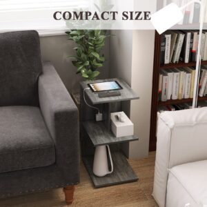 ZGREN End Table with Charging Station, Narrow Side Tables for Small Spaces with USB Ports and Outlets Rolling Bedside Nightstand Sofa Couch Slim Shelf Night Stand for Living Room, Bedroom, Grey