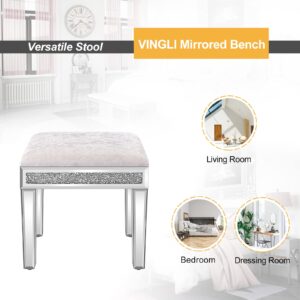 VINGLI Mirrored Vanity Stool with Storage, Upholstered Velvet Ottoman, Makeup Dressing Table Bench with Sparking Diamonds, Silver