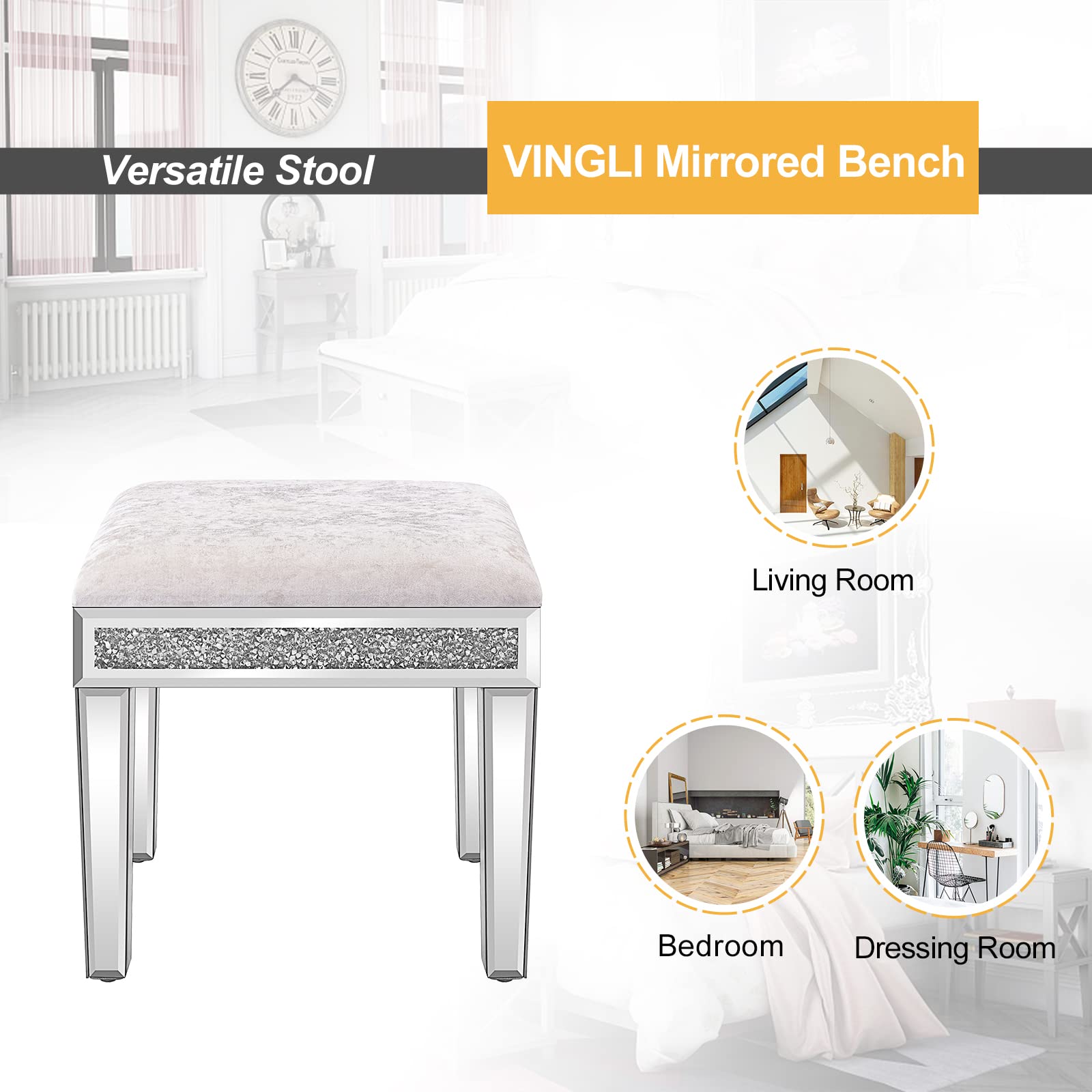 VINGLI Mirrored Vanity Stool with Storage, Upholstered Velvet Ottoman, Makeup Dressing Table Bench with Sparking Diamonds, Silver