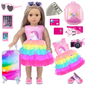 doll clothes and accessories travel suitcase playset for 18 inch girl doll with dolls clothes, backpack, camera, ipad, phone, sunglasses, shoes, gift for 3 to 7 year olds