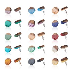 fashewelry 15 pairs resin wood earrings posts flat round wooden earring blanks stud wooden earring pin studs with earring back for dangle earring jewelry making