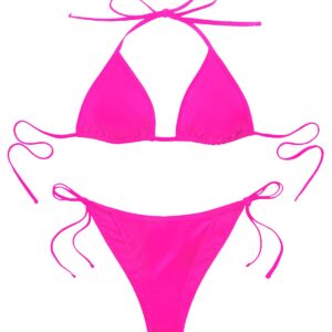 Tempt Me Hot Pink Women Triangle Bikini Sets String Halter Bathing Suits Sexy Two Piece Swimsuits Tie Side Bottom M