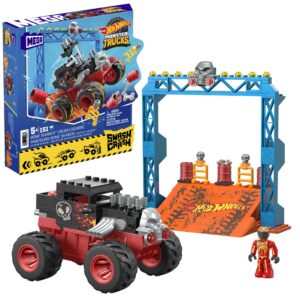 mega hot wheels monster trucks toy car building set, smash & crash bone shaker crush course with 151 pieces, 1 micro figure driver, red, age 5+ years