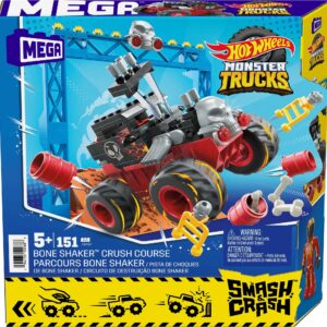 MEGA Hot Wheels Monster Trucks Toy Car Building Set, Smash & Crash Bone Shaker Crush Course with 151 Pieces, 1 Micro Figure Driver, Red, Age 5+ Years