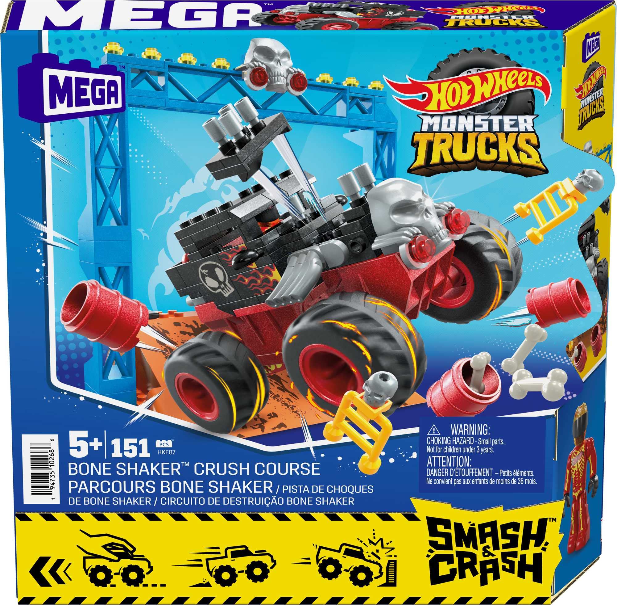 MEGA Hot Wheels Monster Trucks Toy Car Building Set, Smash & Crash Bone Shaker Crush Course with 151 Pieces, 1 Micro Figure Driver, Red, Age 5+ Years