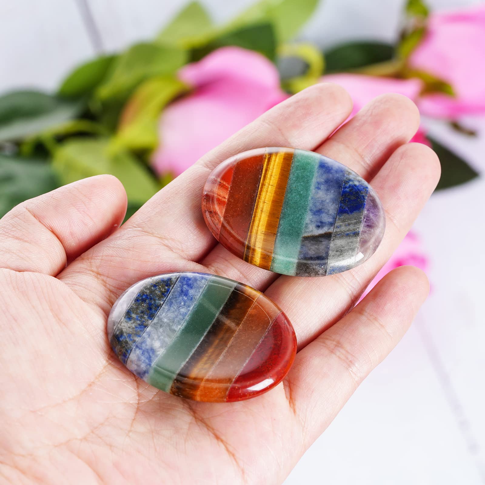 Marrywindix 2 Packs Natural Thumb Worry Stone Set 7 Chakra Crystals Healing Stones for Anxiety Stress Relief Meditation Crystal Therapy