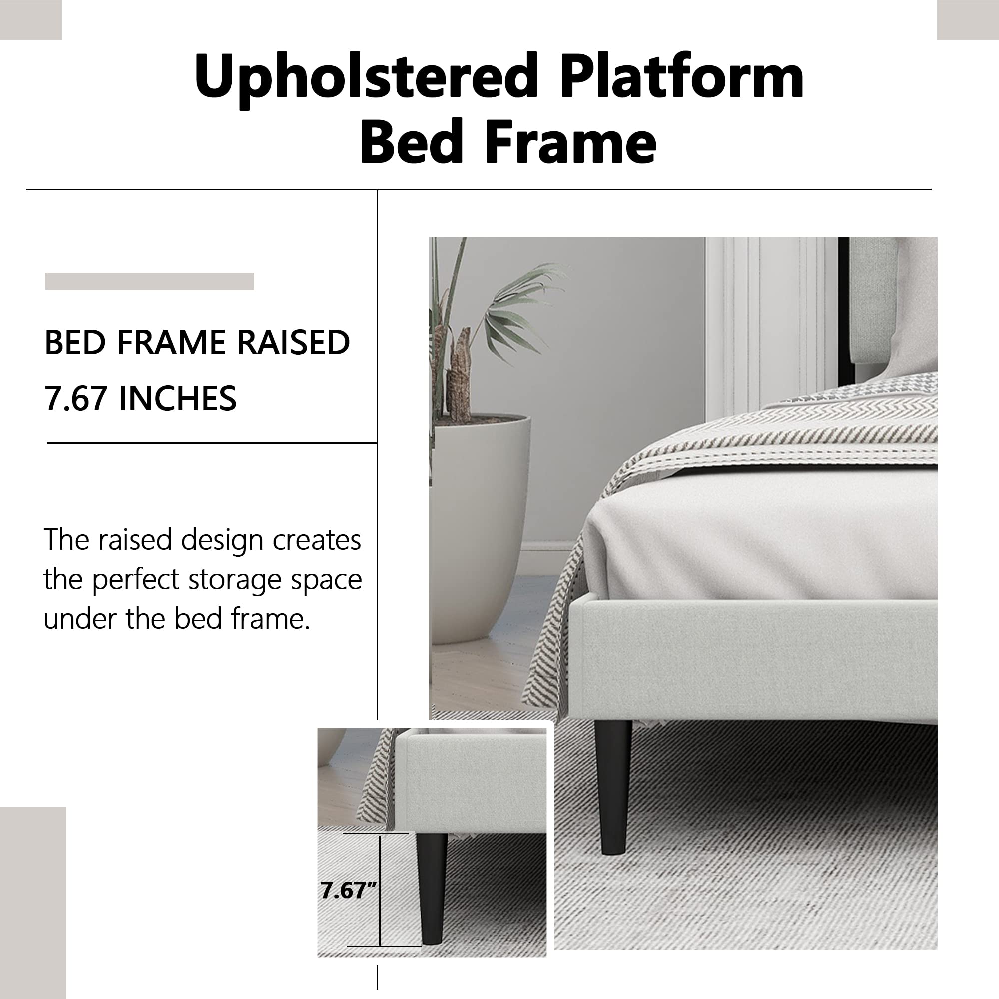 AGARTT Upholstered Platform Queen Size Bed Frame with Headboard Premium Stable Wood Slat Support No Box Spring Required Light Grey