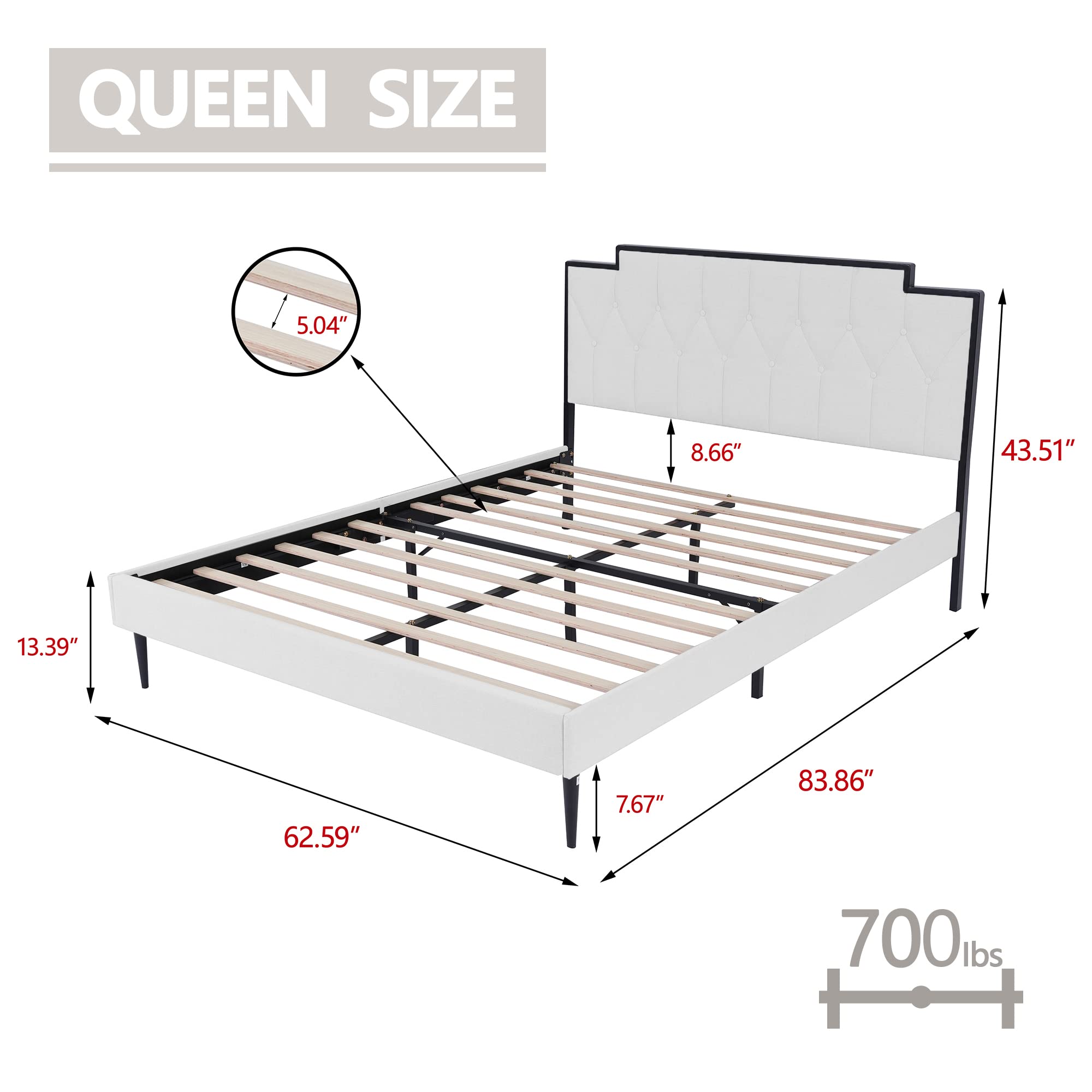 AGARTT Upholstered Platform Queen Size Bed Frame with Headboard Premium Stable Wood Slat Support No Box Spring Required Light Grey