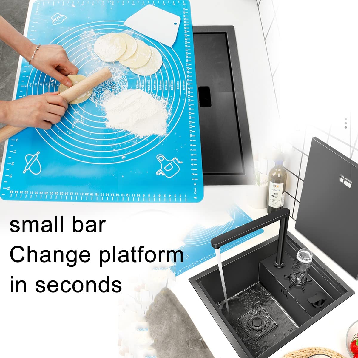 Single Bowl Kitchen Sinks With Cup Washer ，Single Bowl Stainless Steel Workstation Bar Sink with Glass Rinser, for home Hotel Cafe Restaurant,black