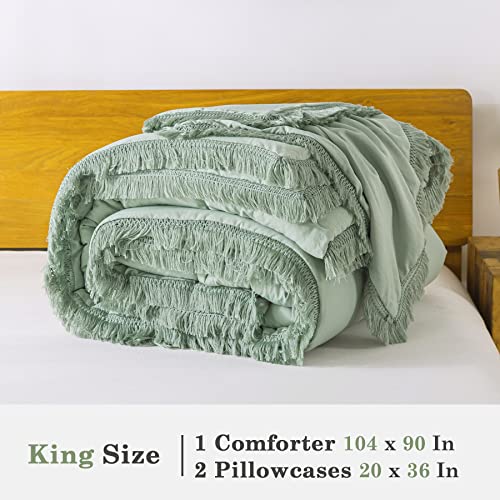 Andency Comforter King Size Bed Set Sage Green, 3 Pieces Boho Lightweight Winter Bedding Comforters & Sets, All Season Soft Tassel Bed Set (104x90In Comforter & 2 Pillowcases)