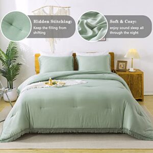 Andency Comforter King Size Bed Set Sage Green, 3 Pieces Boho Lightweight Winter Bedding Comforters & Sets, All Season Soft Tassel Bed Set (104x90In Comforter & 2 Pillowcases)