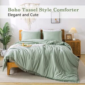 Andency Comforter King Size Bed Set Sage Green, 3 Pieces Boho Lightweight Winter Bedding Comforters & Sets, All Season Soft Tassel Bed Set (104x90In Comforter & 2 Pillowcases)