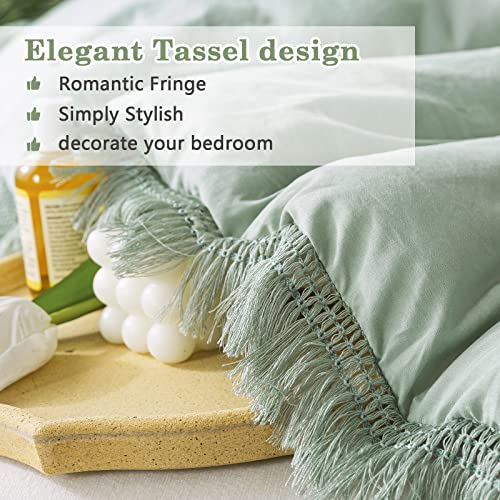 Andency Comforter King Size Bed Set Sage Green, 3 Pieces Boho Lightweight Winter Bedding Comforters & Sets, All Season Soft Tassel Bed Set (104x90In Comforter & 2 Pillowcases)