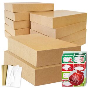 12 kraft extra large gift wrap boxes bulk with lids, 12 tissue paper and 80 count foil christmas tag stickers for wrapping oversized clothes (robes, sweater, coat, shirts) and xmas holiday present