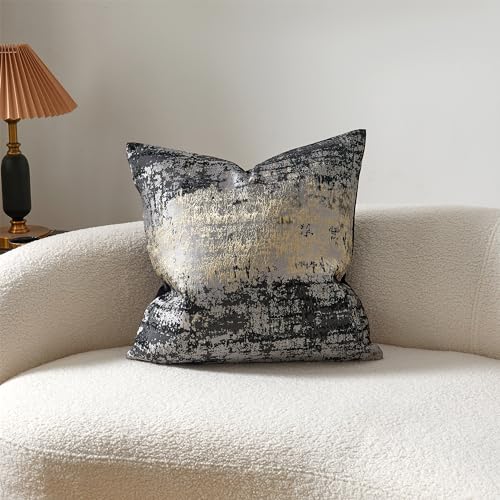 THE-TINOART Gold Splashed on Black Grey Throw Pillow Covers Reversed balck Velvet Decorative Pillow Cover for Bed Sofa Living Room Car 18 x 18 inch 1Piece