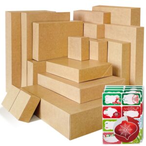 16 kraft gift wrap boxes bulk with lids for wrapping extra large clothes and 80 count christmas tag stickers(assorted size for shirts, robes, coats, sweaters, clothing and xmas holiday present)