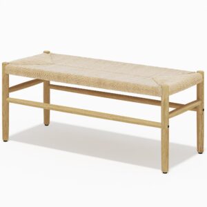 recaceik indoor entryway bench with paper cord ottoman, mid-century long bench with rubber wood legs, french vanity end bed bench for bedroom living room channel