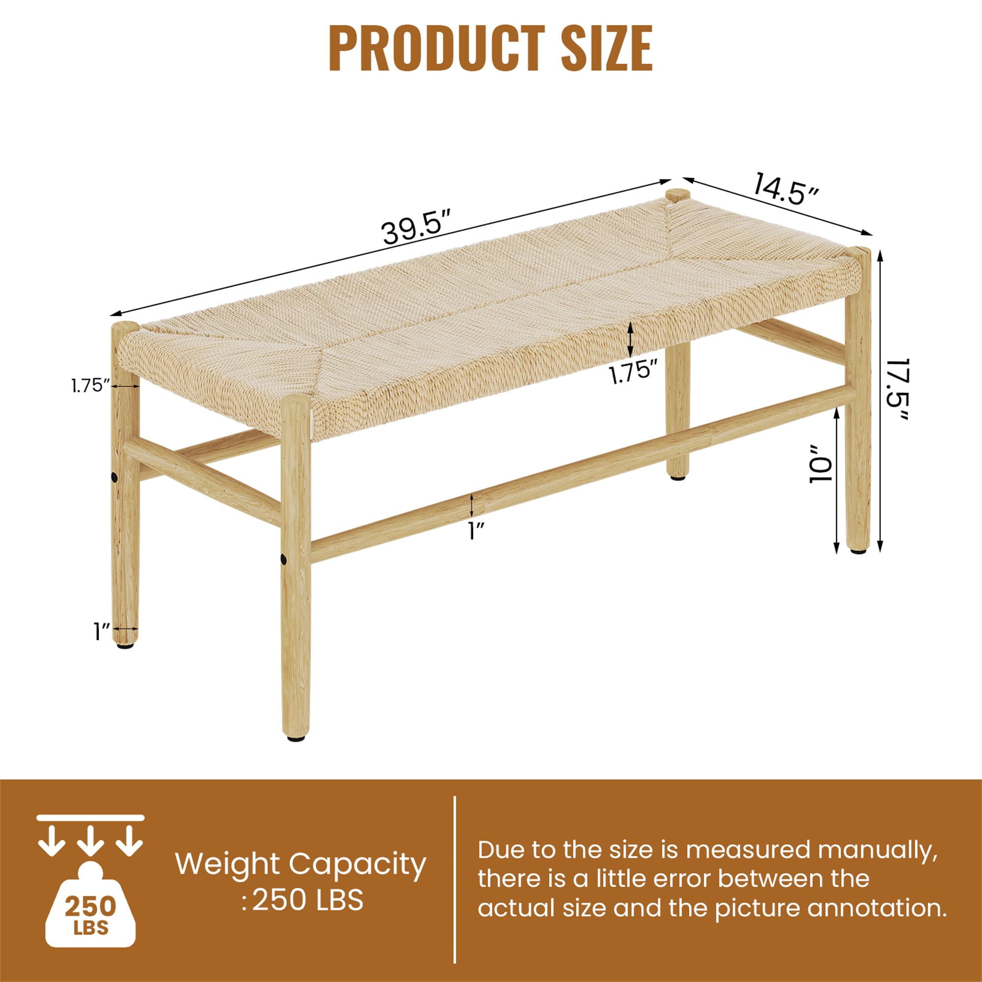 Recaceik Indoor Entryway Bench with Paper Cord Ottoman, Mid-Century Long Bench with Rubber Wood Legs, French Vanity End Bed Bench for Bedroom Living Room Channel