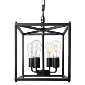 unicozin 4-light black farmhouse chandelier, iron lantern pendant light rustic cage adjustable height, e26 base industrial hanging lights for kitchen island dining room hallway foyer entryway