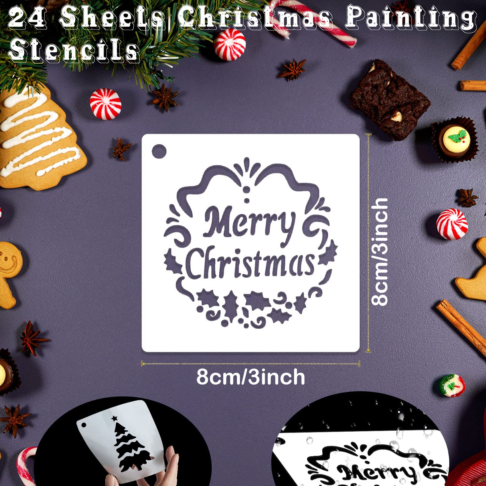 24 Pcs Christmas Stencils for Painting On Wood, Small Christmas Stencils Reusable Snowflake Santa Claus Christmas Tree Drawing Painting Stencils for DIY Card Craft Home Decor (3x3 Inch)