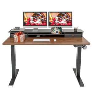 fezibo 55 x 24 inch height adjustable glass electric standing desk with double drawer, stand up desk with storage shelf, sit stand desk, black walnut