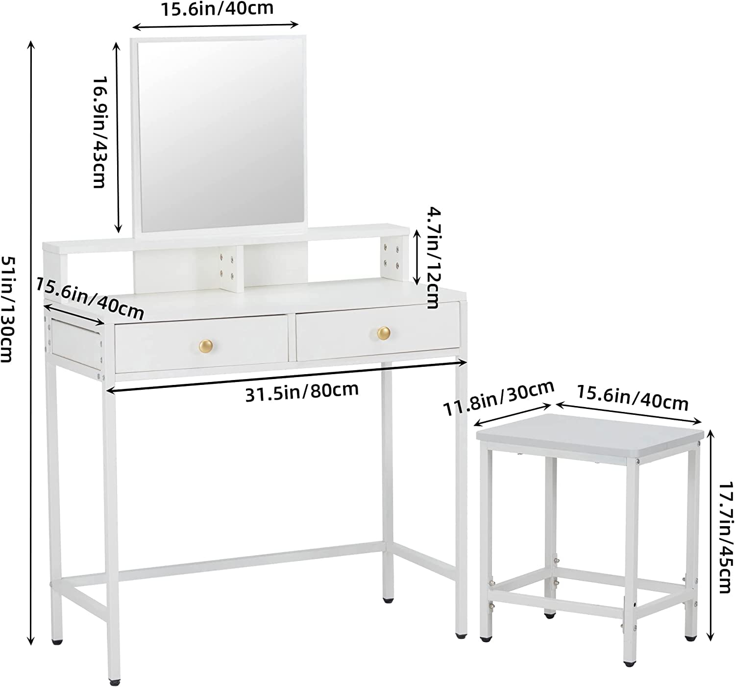 LAVIEVERT Vanity Set with Detachable Mirror, Makeup Vanity Dressing Table for Bedroom, Dresser Desk Writing Desk with Stool, 2 Drawers & Storage Shelves for Women Girls - White