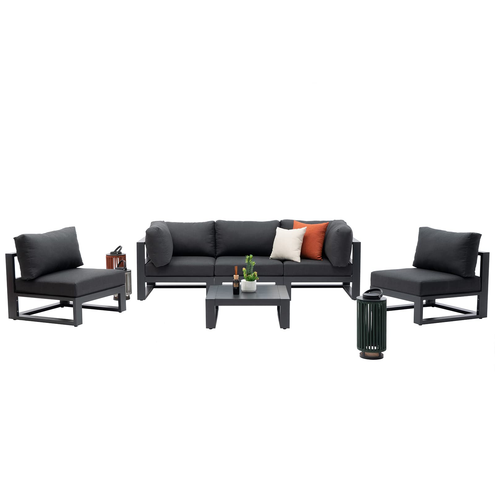 LebenLiebe 6 Pieces Outdoor Modular Sectional Set Aluminum Patio Conversation Sofa Sets with Armless Sofas, Square Coffee Table, Dark Grey Cushions