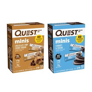 quest nutrition mini protein bars bundle, chocolate chip cookie dough and cookies & cream, high protein, low carb, keto friendly, 14 count each