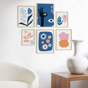 HAUS AND HUES Blue Abstract Wall Art Framed - Set of 6 Abstract Blue Art, Modern Abstract Wall Art, Framed Geometric Wall Art, Colorful Abstract Art, Unique Evil Eye Gallery Wall (Framed Beige)