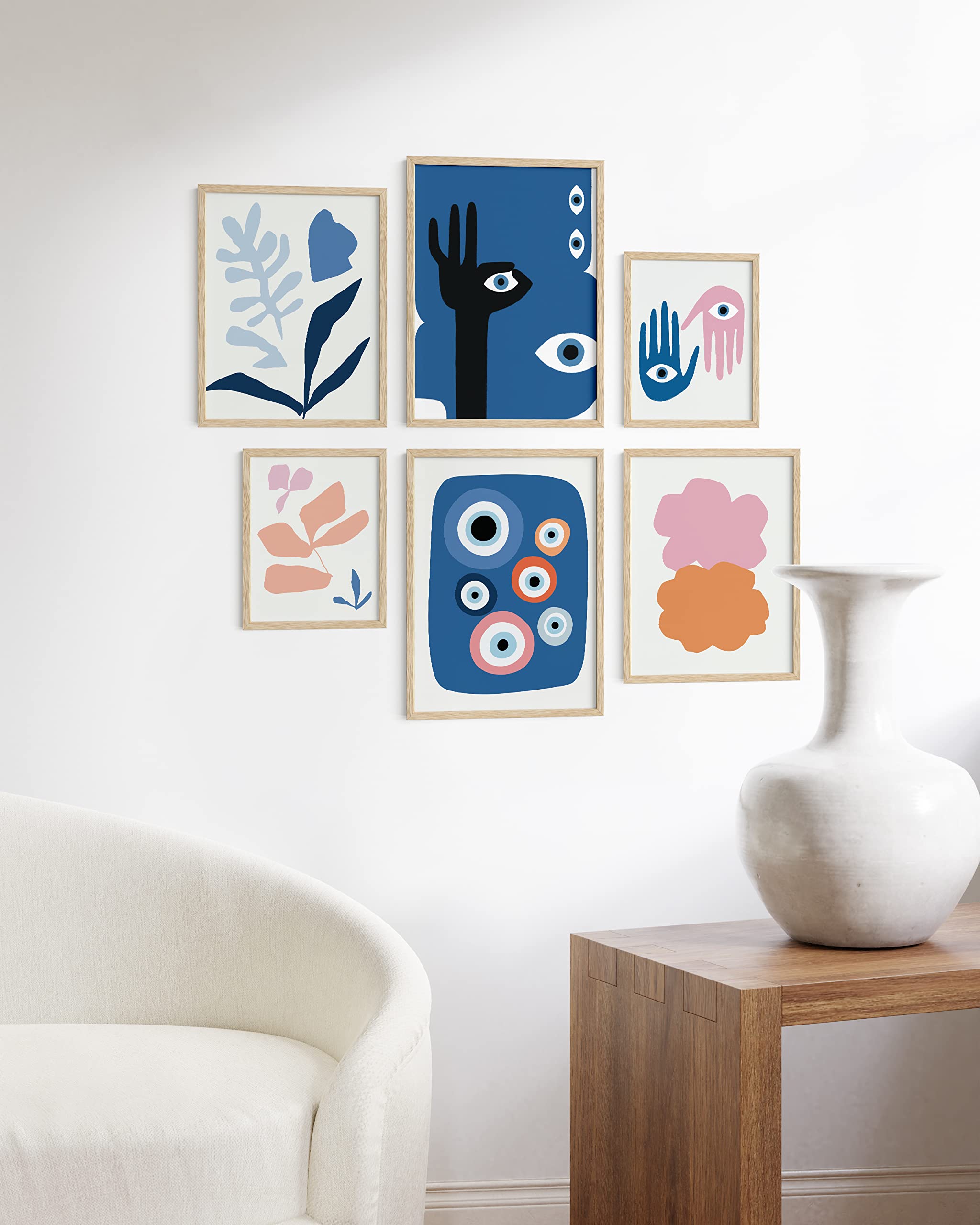 HAUS AND HUES Blue Abstract Wall Art Framed - Set of 6 Abstract Blue Art, Modern Abstract Wall Art, Framed Geometric Wall Art, Colorful Abstract Art, Unique Evil Eye Gallery Wall (Framed Beige)