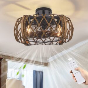 dujahmland caged ceiling fan with light, 17 in ceiling fan lights with remote, adjustable black enclosed farmhouse industrial flush mount ceiling fan for kitchen bedroom(antique 4-light)