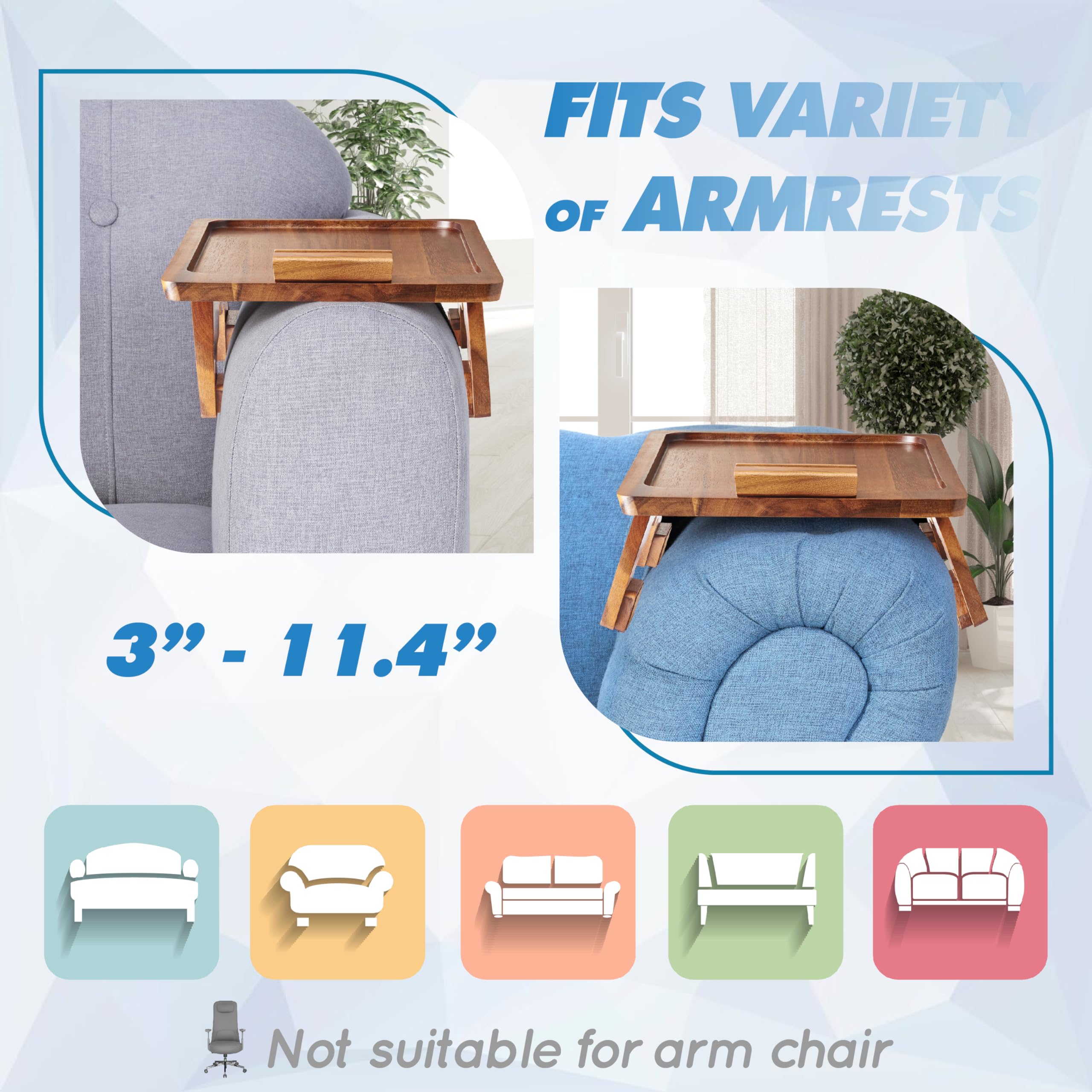 Sofa Armrest Tray, Arm Table Sofa Arm Tray Clip on Tray Table, Sofa Tray Table for Couch, Folding Snack Table with 360 Rotating Phone Bracket, Non-slip/Flexible with Different Armrest Shapes and Width