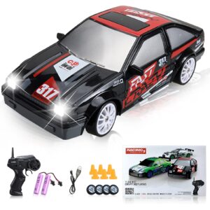 yuan plan remote control car 1/24 2.4ghz 4wd rc drift car, rechargeable high speed rc cars with cool lights, two batteries and extra tires birthday gifts for kids